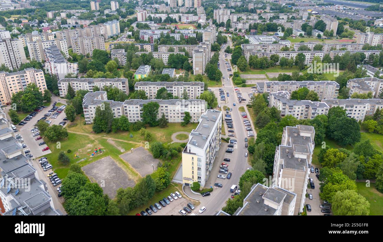 Aerial view of a residential neighborhood with apartment buildings ...
