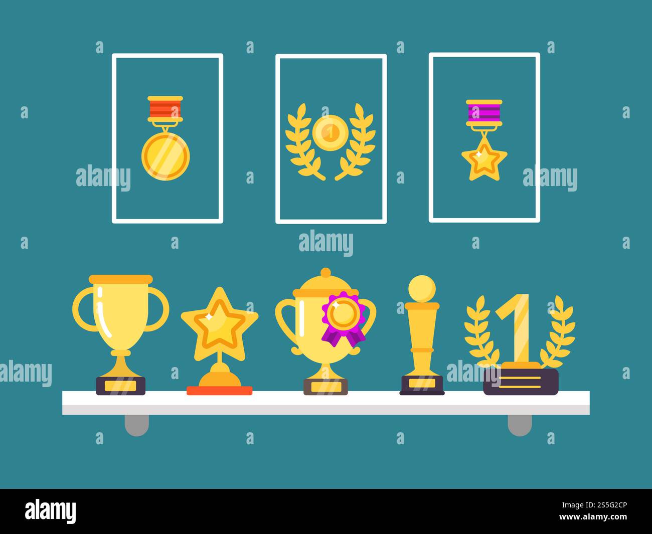 Achievements on shelves. Wall trophy golden cups and medals in frames ...