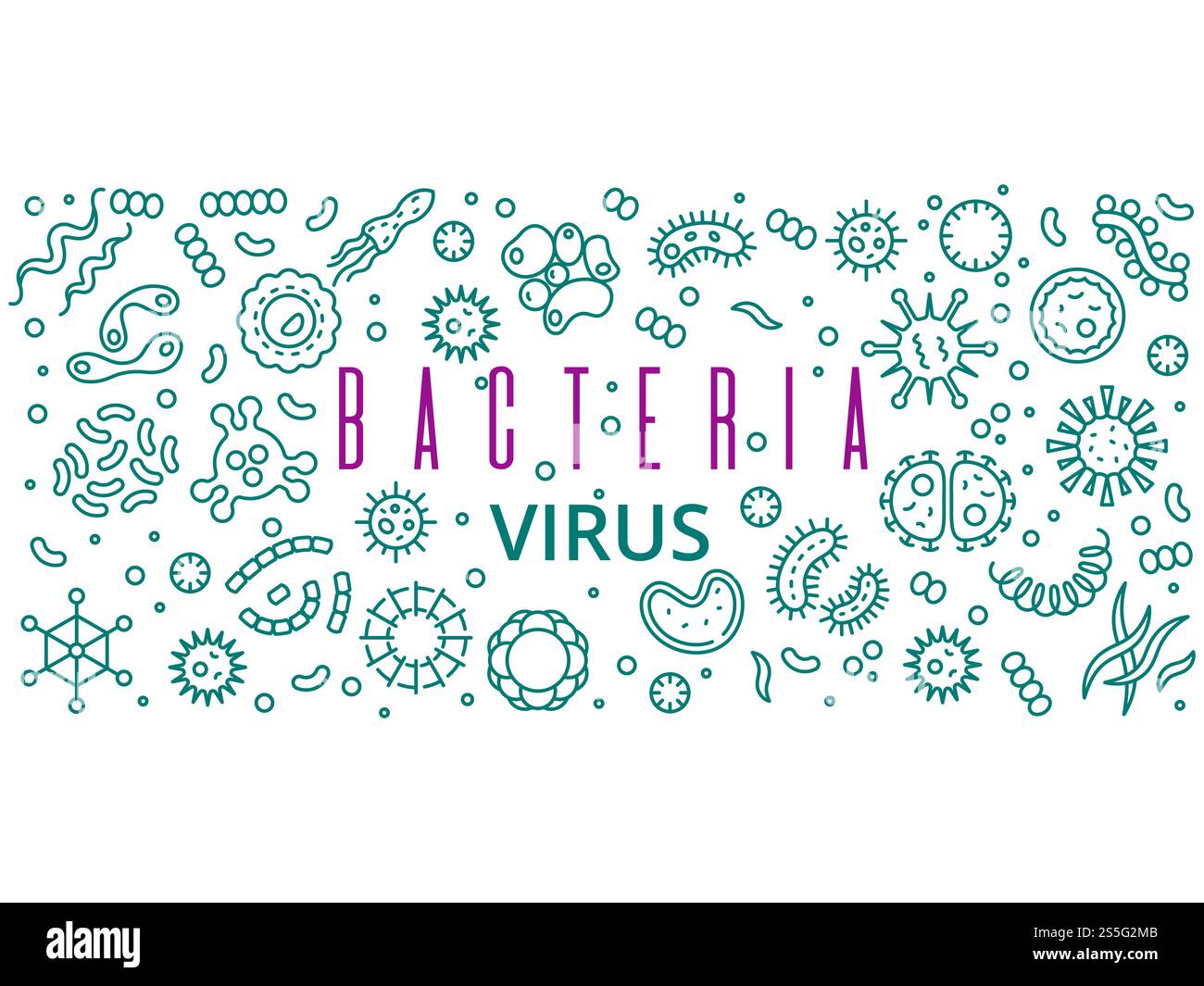 Line bacteries, viruses vector banner poster design. Bacterial and bacterium infection organism ...