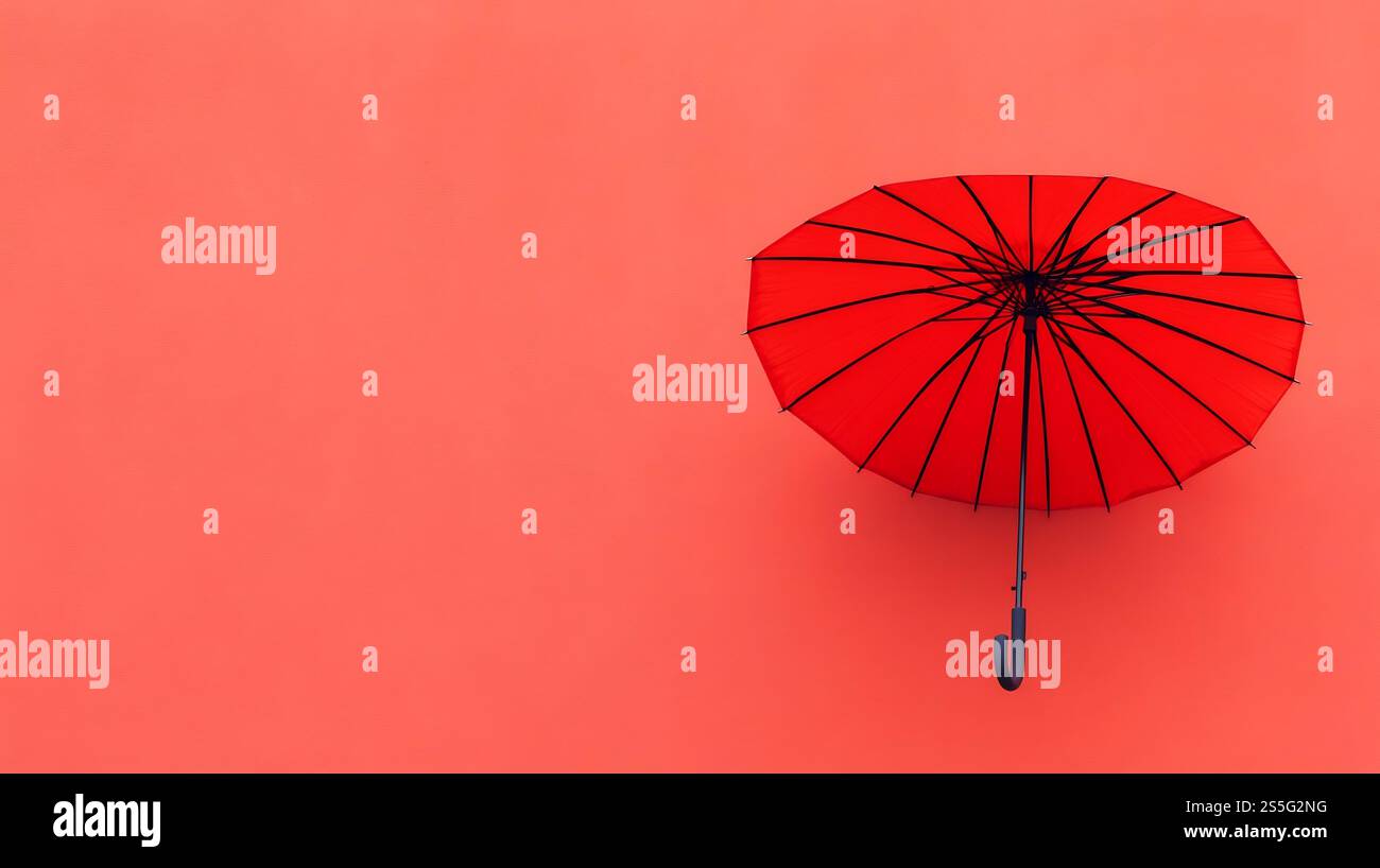 Elegant red umbrella placed under sleek,modern architectural structures ...