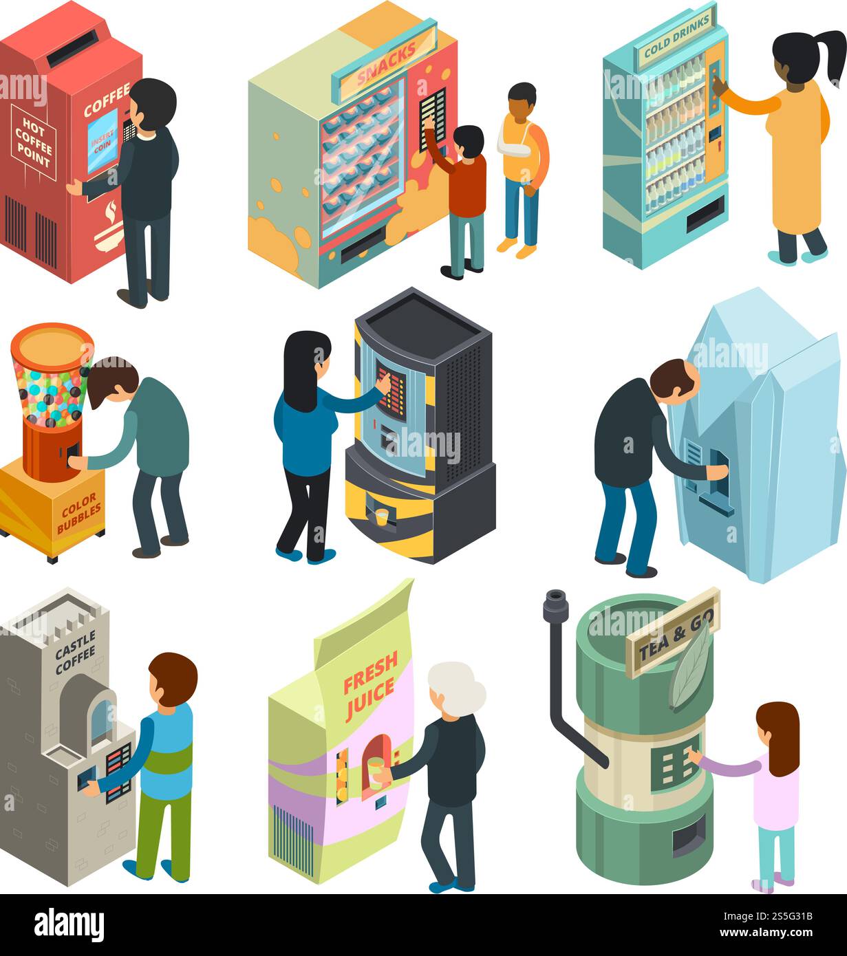 Vending machine isometric. Snack sandwich ice cream coffee water automatic shop people buying ...