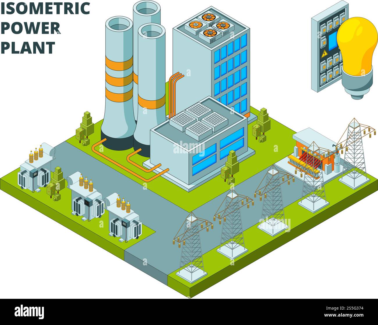 Electric power factory. Industrial electricity plant or station energy ...