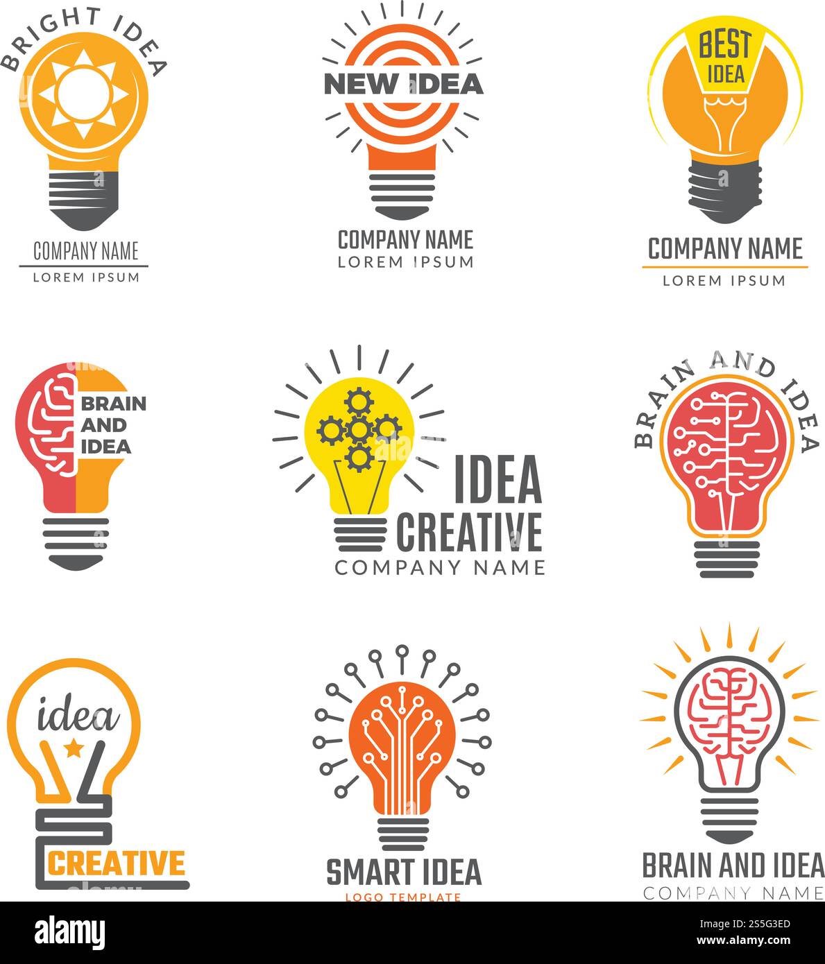 Ideas bulb logotypes. Colorful creative lamp shape smart symbols ...