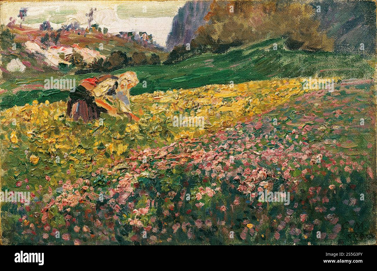 Carl Moll, Girl in the flower meadow, painting in oil on canvas mounted ...