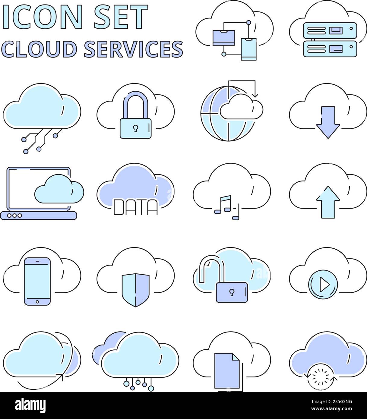 Cloud data icons. Global connection internet online secure technology ...
