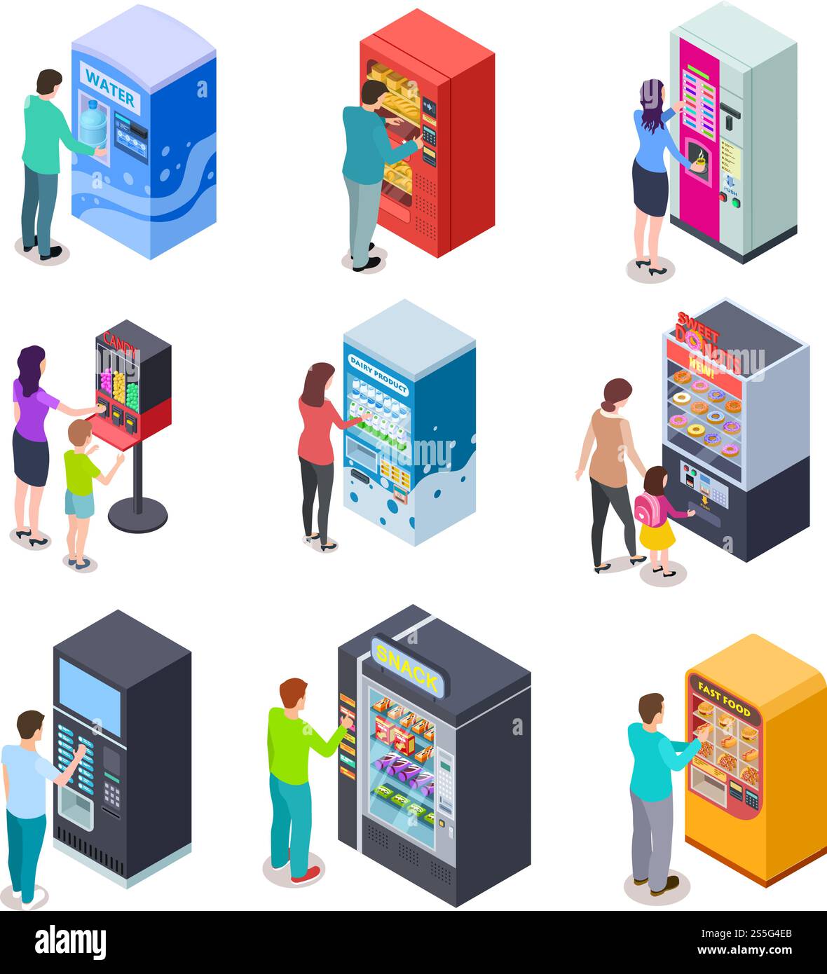Isometric vending machine and people. Customers buy snacks, soda drinks and tickets in vending ...