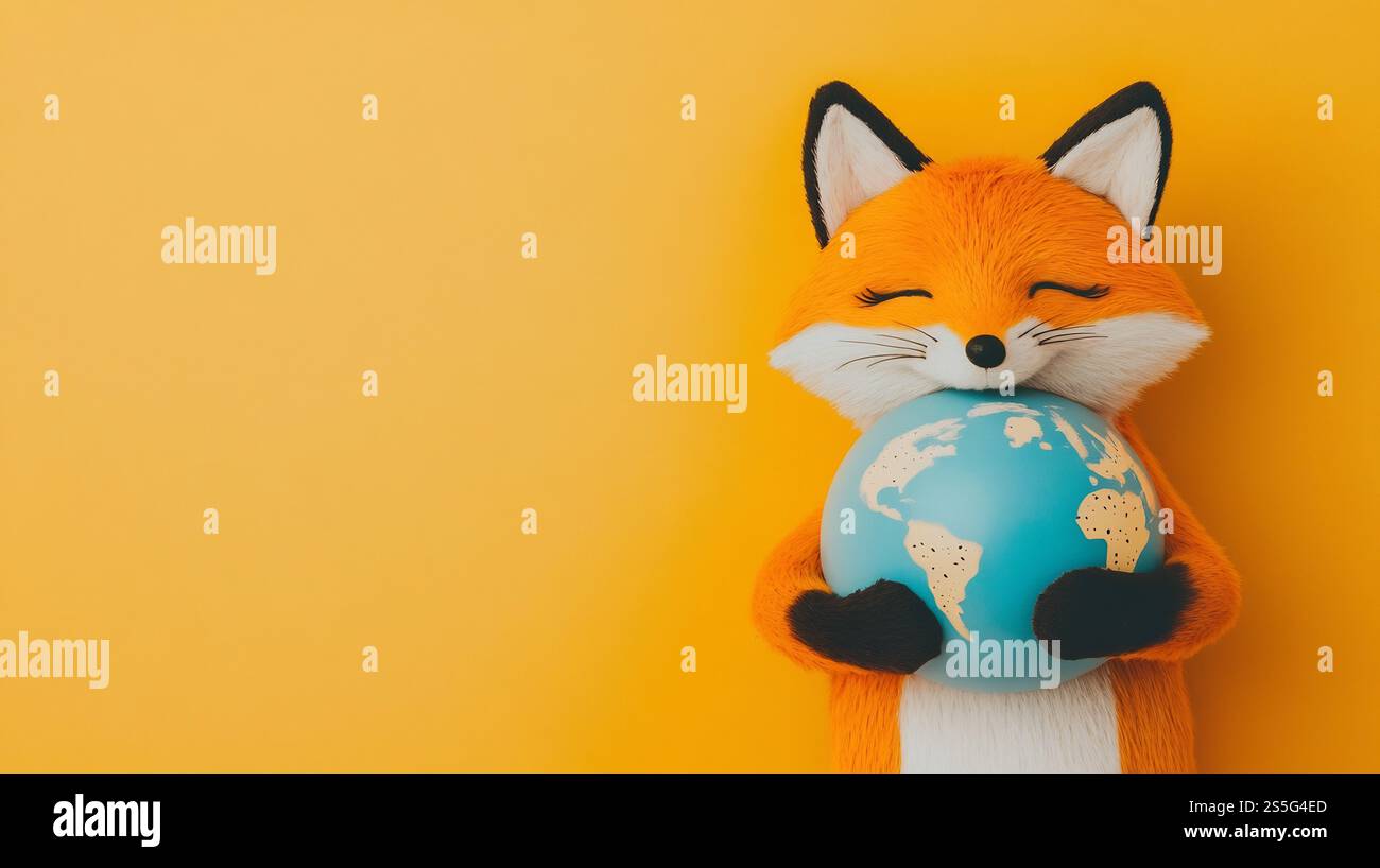 A cheerful and playful plush fox toy is seen hugging a globe with its ...