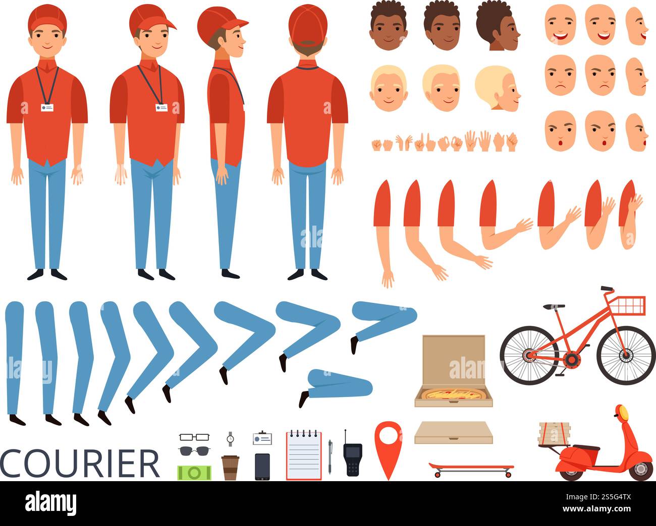 Pizza delivery animation. Fast food courier body parts with professional items box bike vector ...