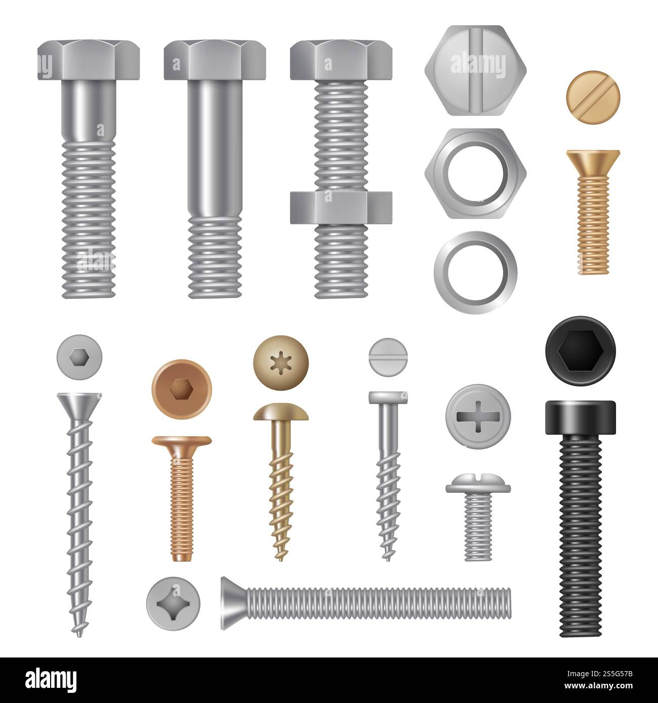 Steel screws bolts. Vise rivets metal construction hardware tools ...