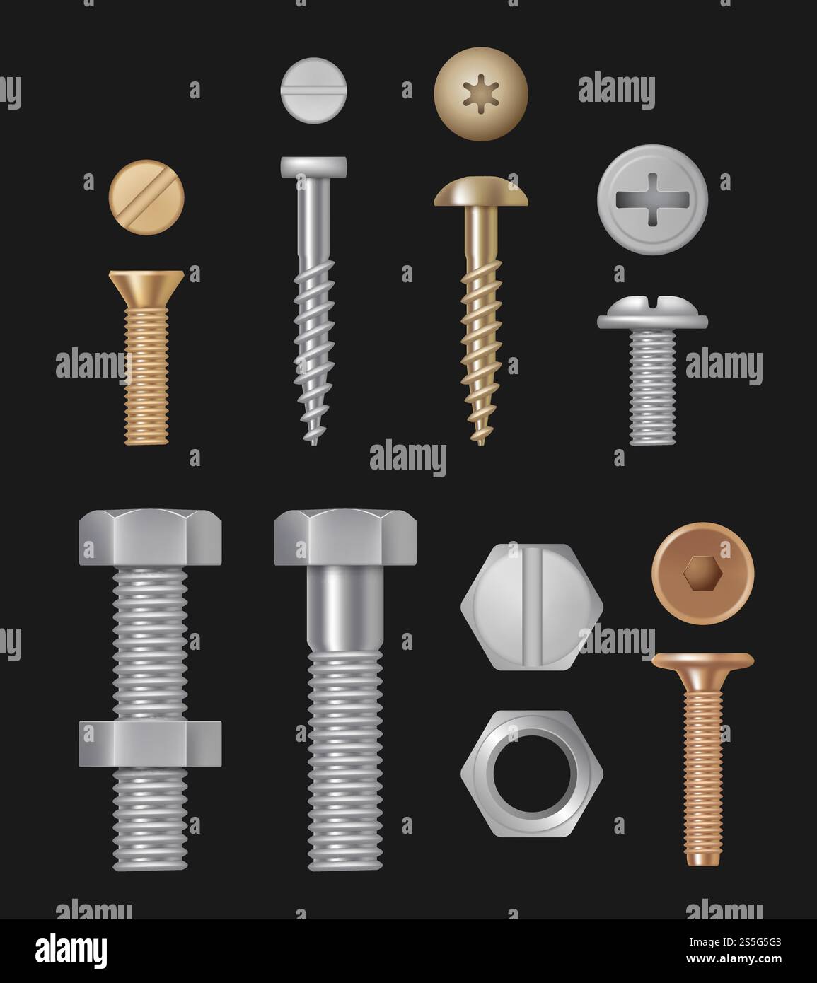 Metallic bolts and screws. Construction hardware silver repair tools ...