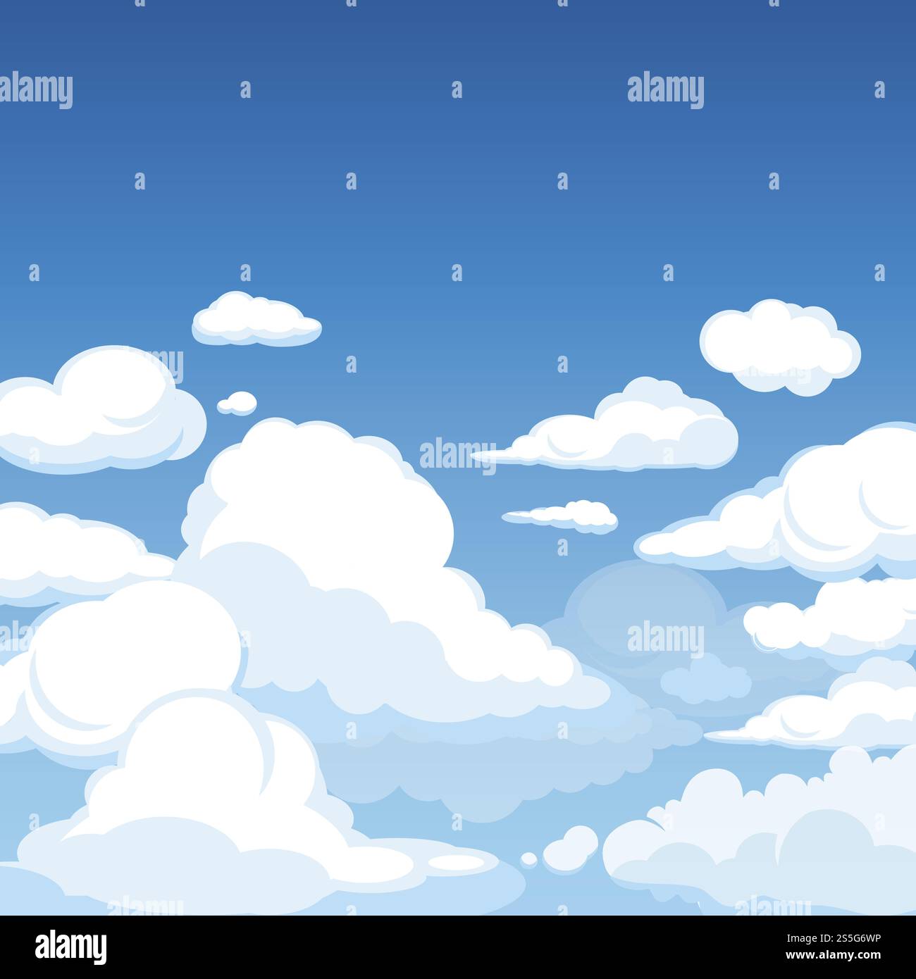Sky with fluffy clouds. Clean blue panorama of cloudscape cloudy vector cartoon illustration ...