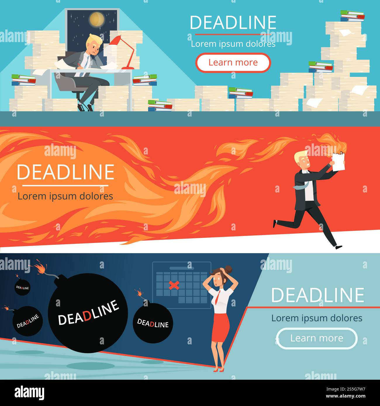 Deadline banners. Workload office managers work burnout in rush ...