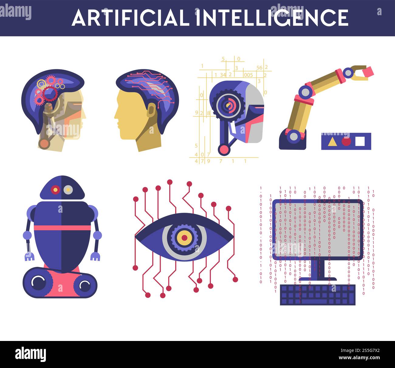 Artificial intelligence vector illustration of robot human mind, future computer digital brain ...