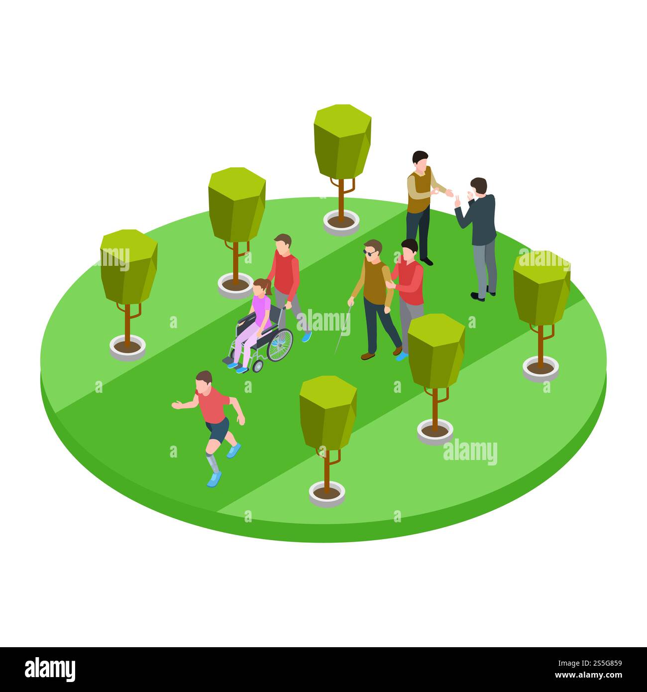 Volunteers and disabled people walk and talk isometric vector concept ...