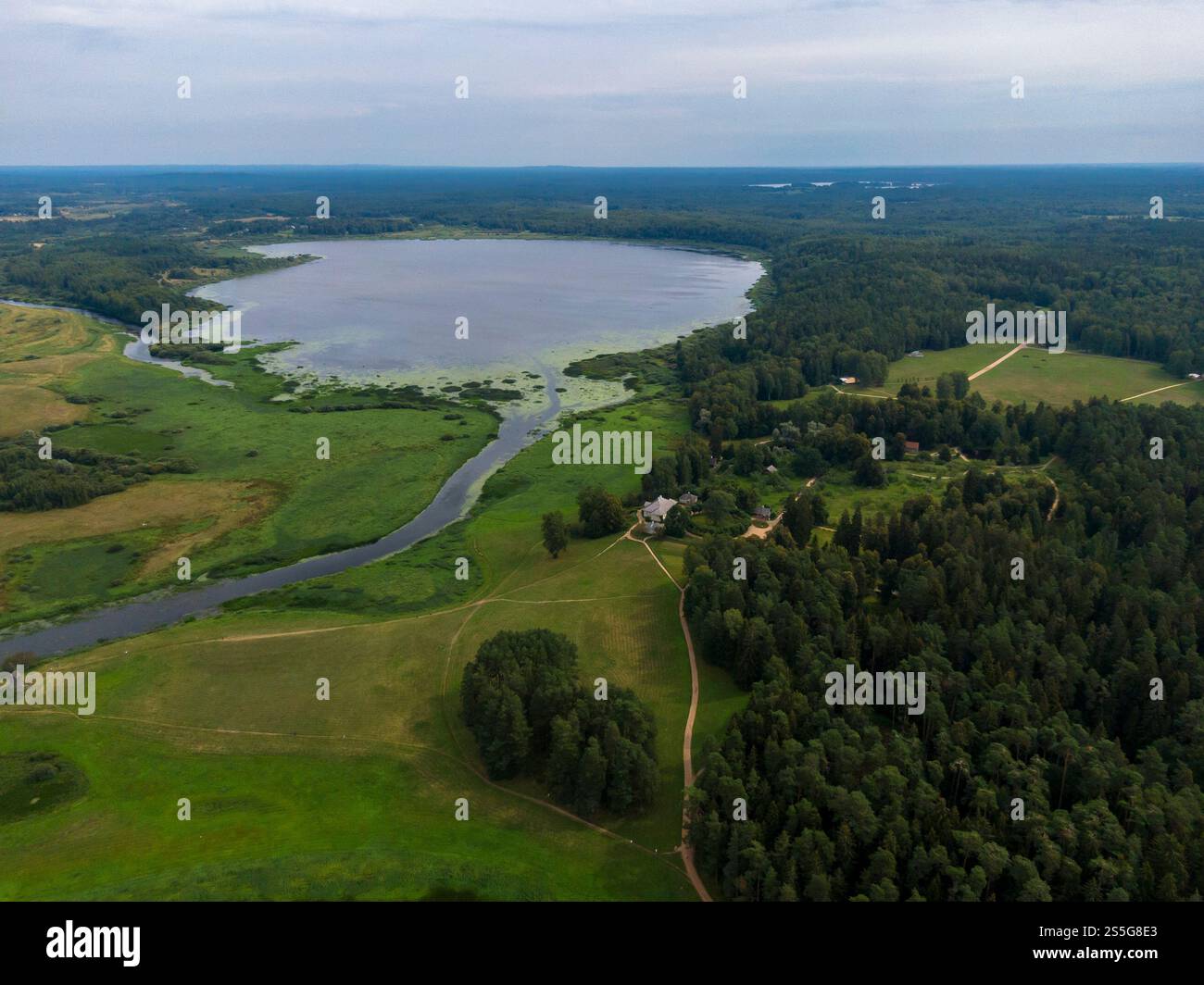 Aerial view of Aleksander Pushkin estate in Mikhaylovskoye reserve ...