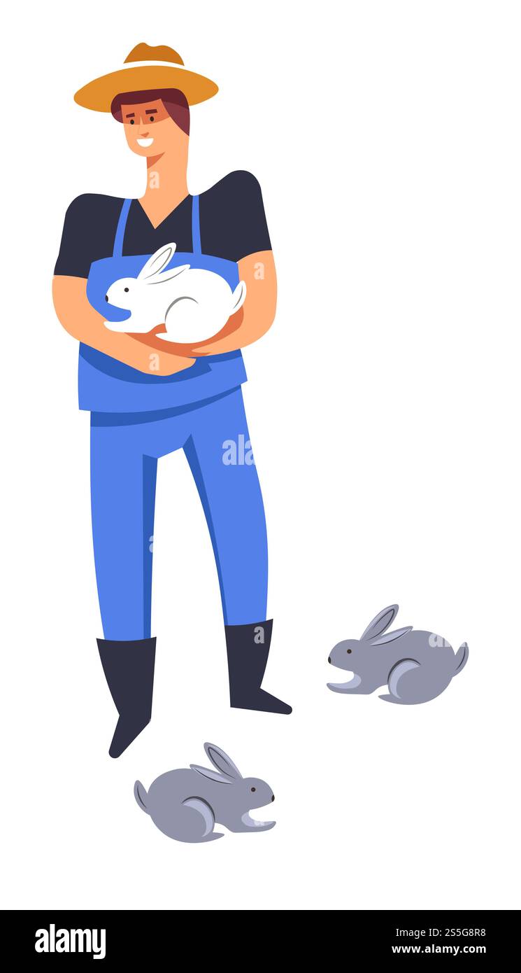 Breeding man holding hare, farmer tending for rabbits on farm vector ...