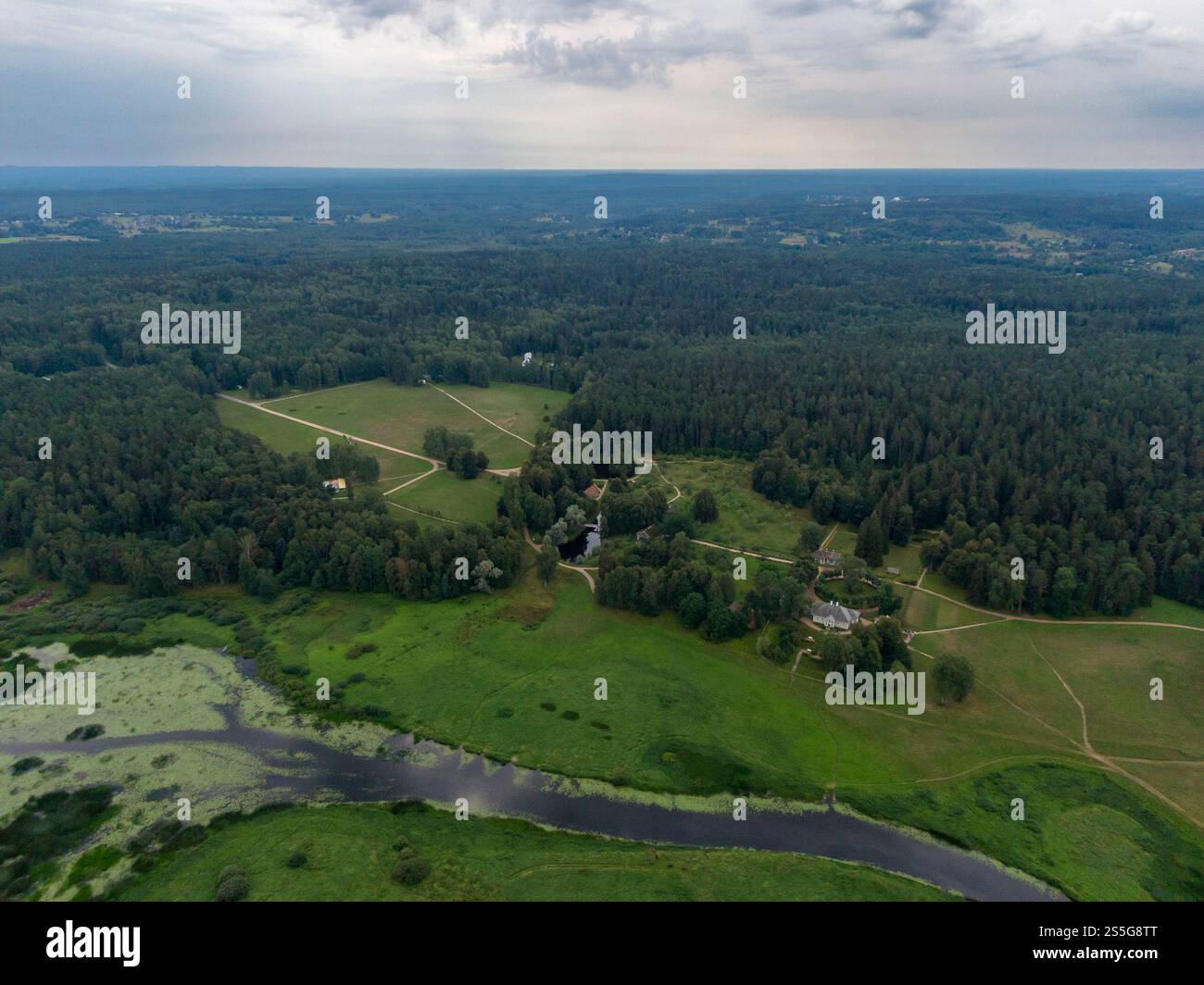 Aerial view of Aleksander Pushkin estate in Mikhaylovskoye reserve ...