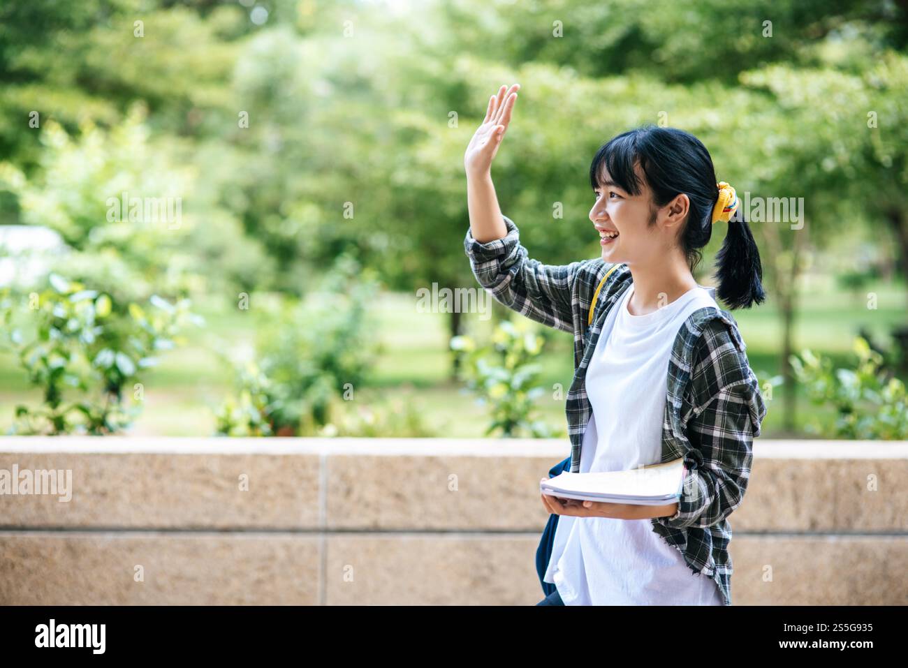 Female students stand on the stairs and hold books Stock Photo - Alamy