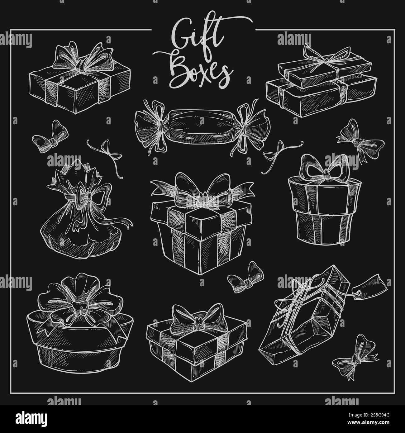 Christmas collection of symbolic traditional gift boxes monochrome ...