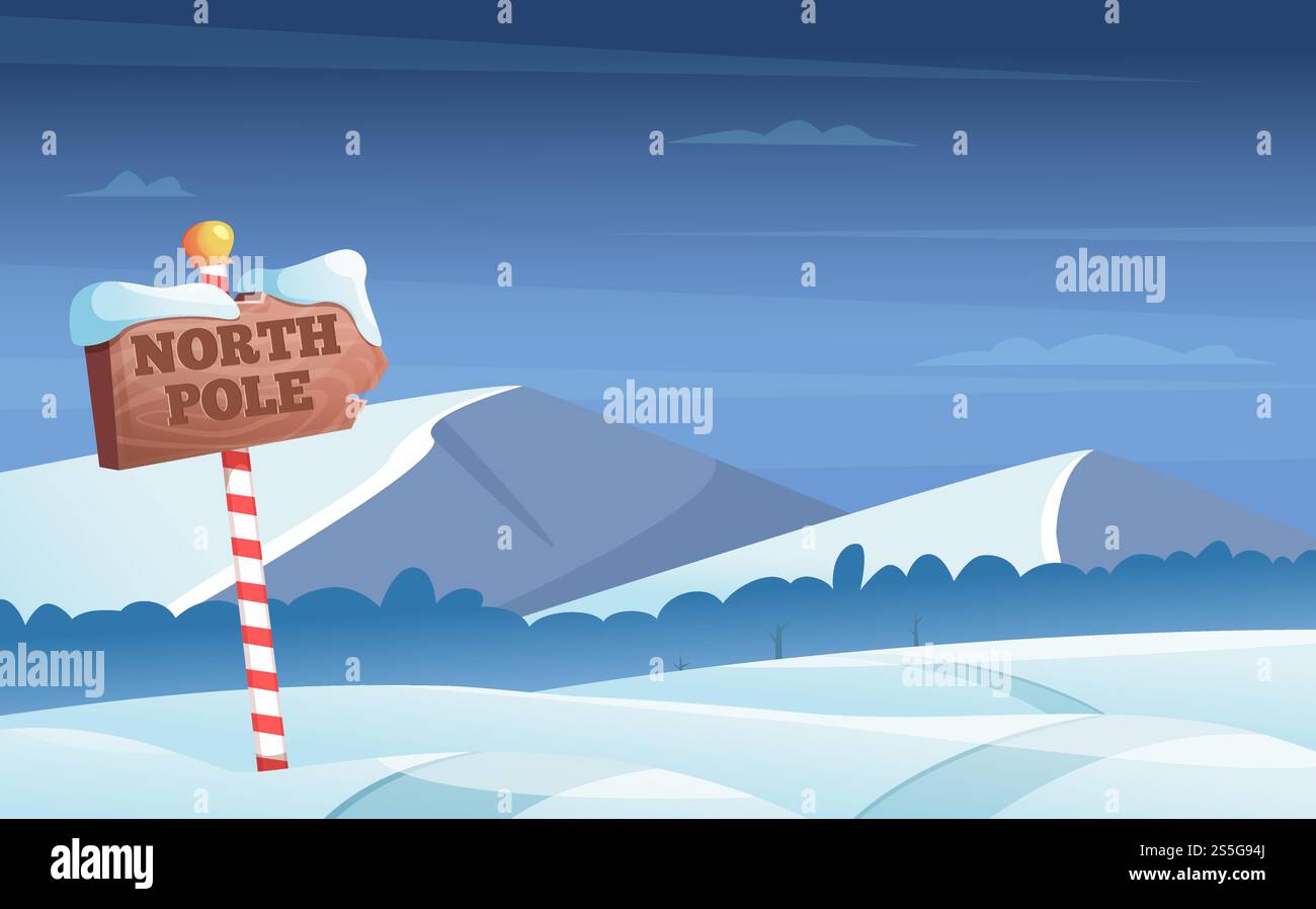 North pole road sign. Snowy background with snow trees night woods ...