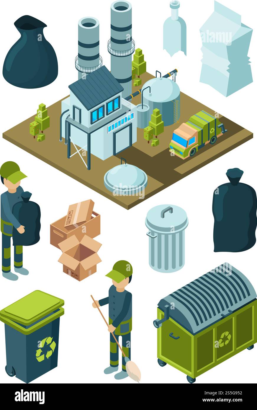Waste recycle isometric. Refuse garbage facility sort plastic container disposal trash truck ...