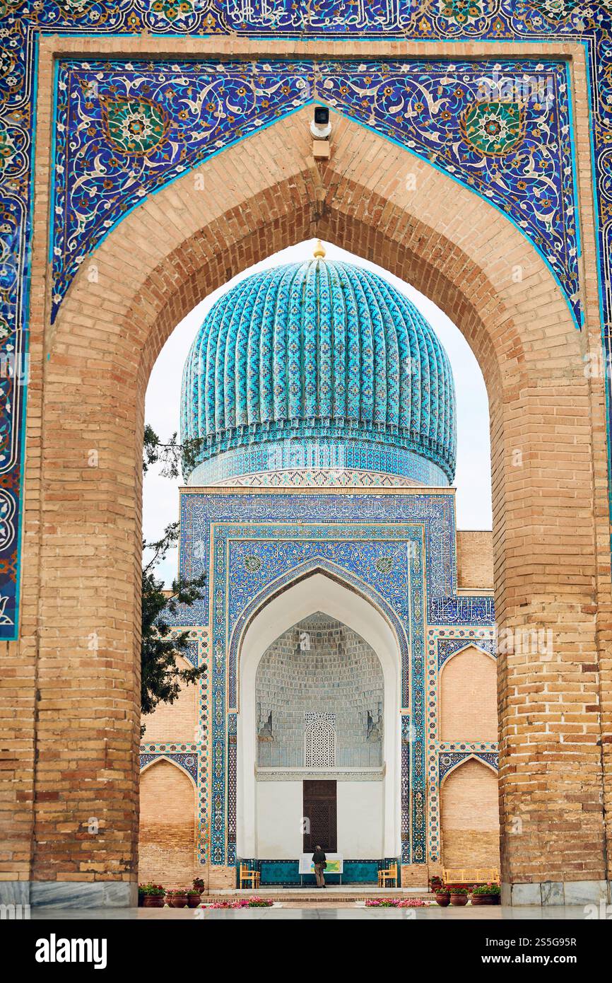 Gur Emir mausoleum exterior with arch and mosaic walls of the Asian ...