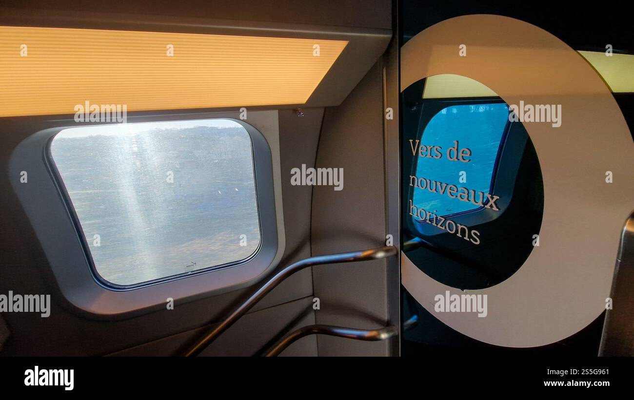 Travelling by Train, slogan reading "To new horizons, as seen in a TGV ...