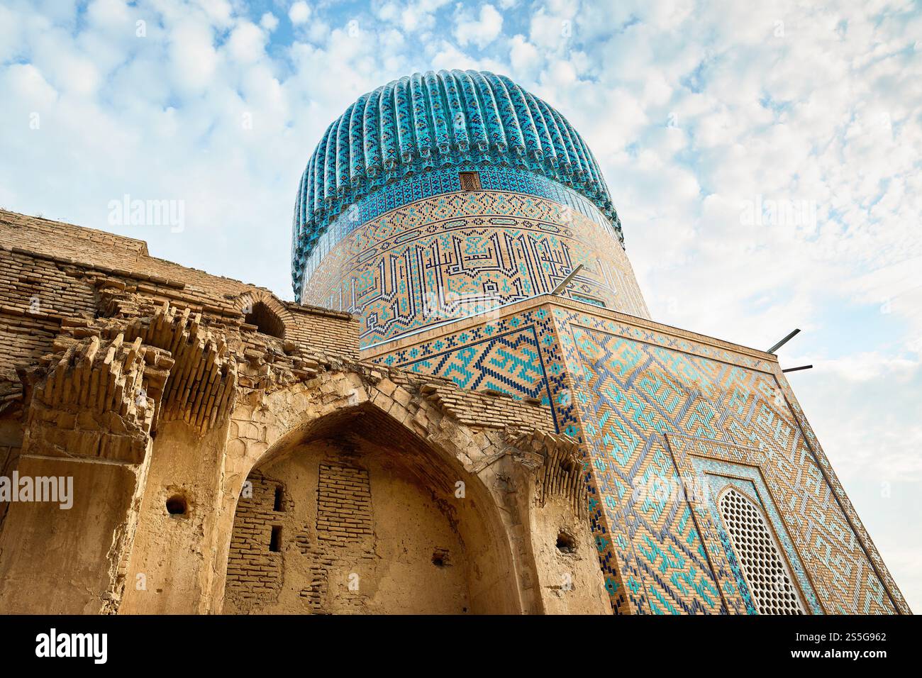 Gur Emir mausoleum exterior with dome and towers of the Asian famous ...