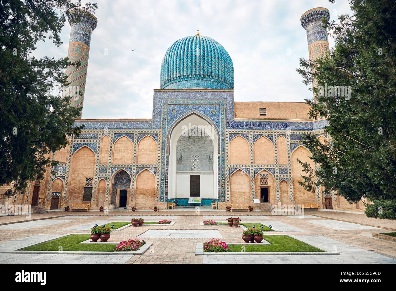 Gur Emir mausoleum exterior with dome and towers of the Asian famous ...
