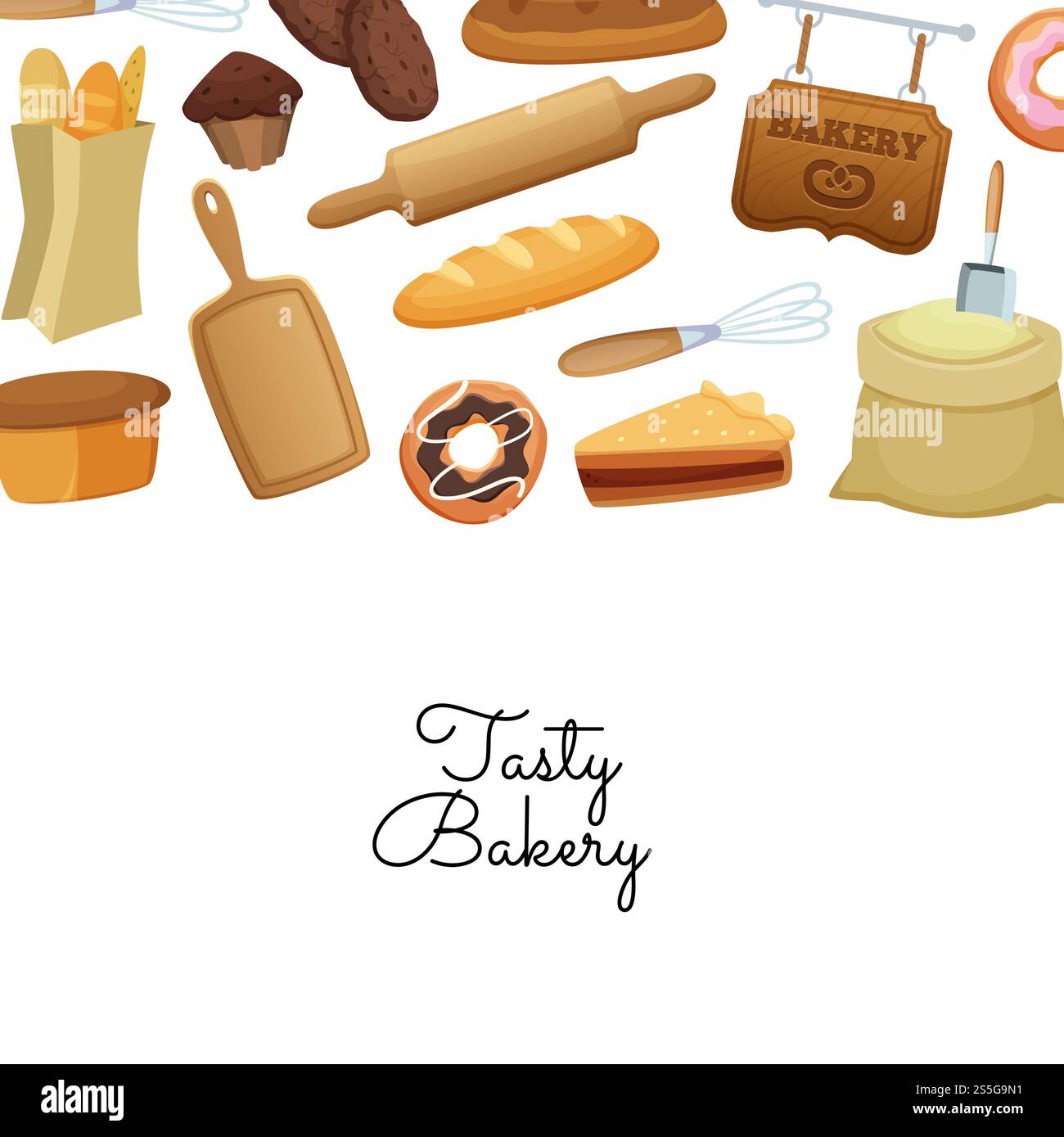 Vector cartoon bakery background illustration web banner or poster with text. Vector cartoon ...