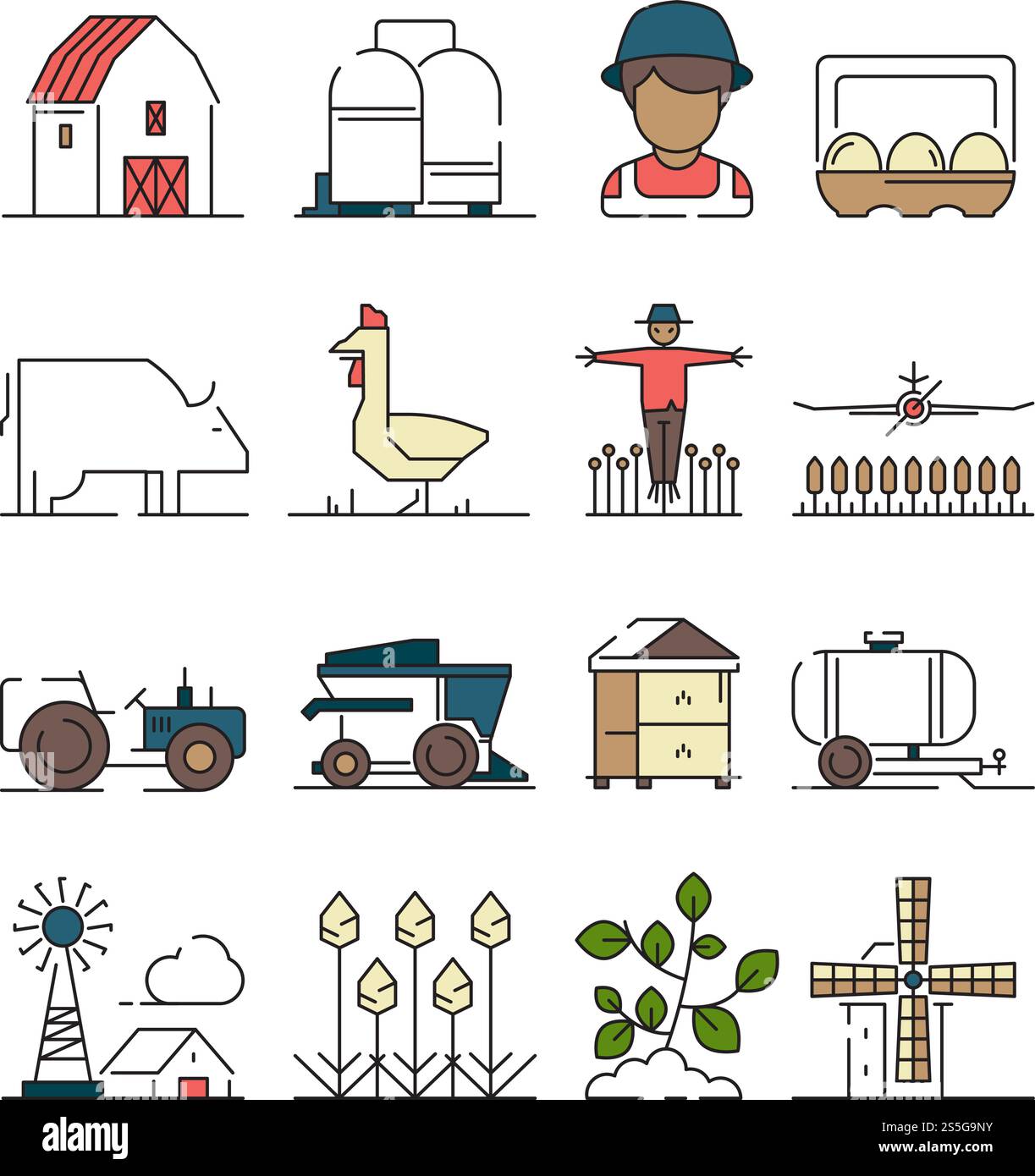 Farm symbols. Agricultural objects wheat field with farm machine ...