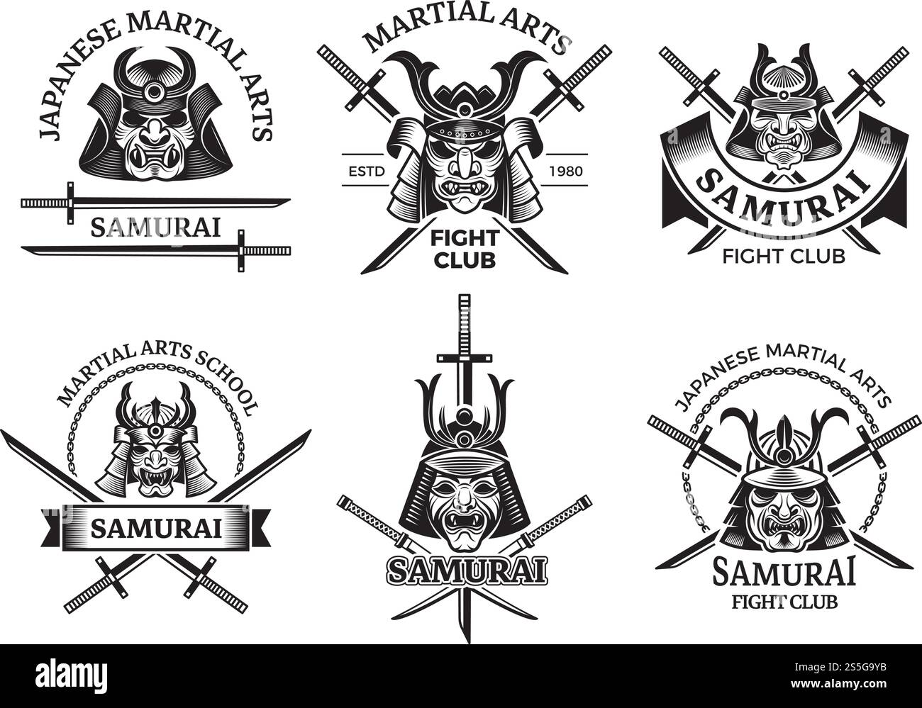 Martial asian labels. Samurai agressive warrior masks and sword katana ...