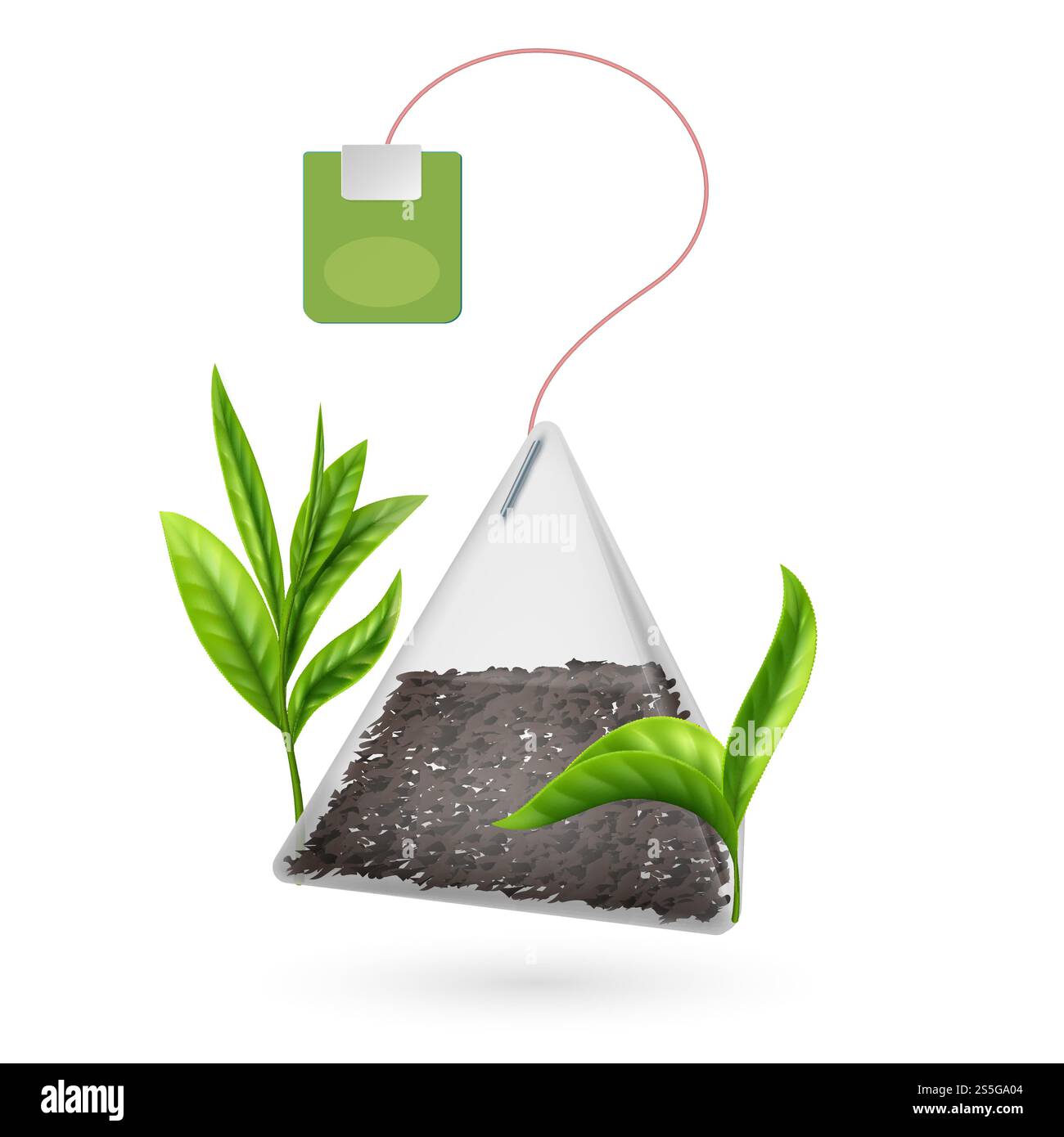 Realistic vector tea bag pyramid with tea leaves isolated on white ...