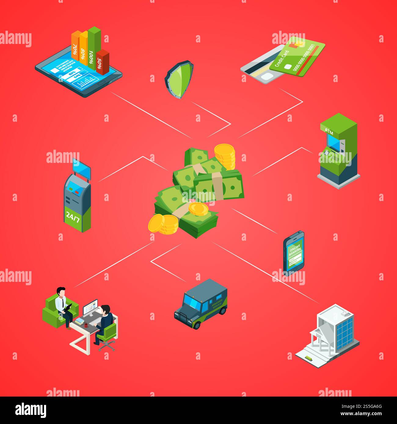 Vector isometric money flow in bank process icons infographic concept ...
