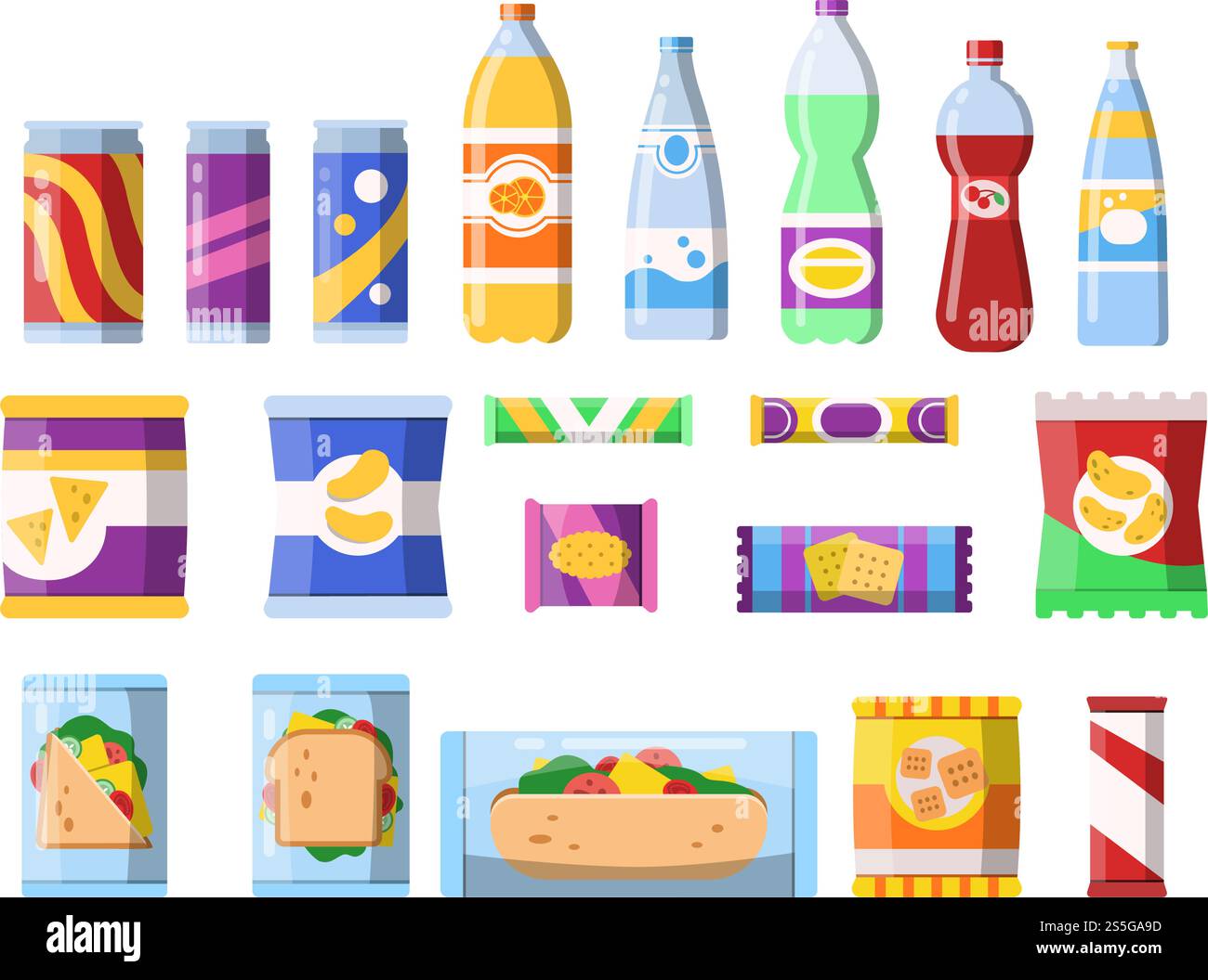 Snacks and drinks. Merchandising products fast food plastic containers ...