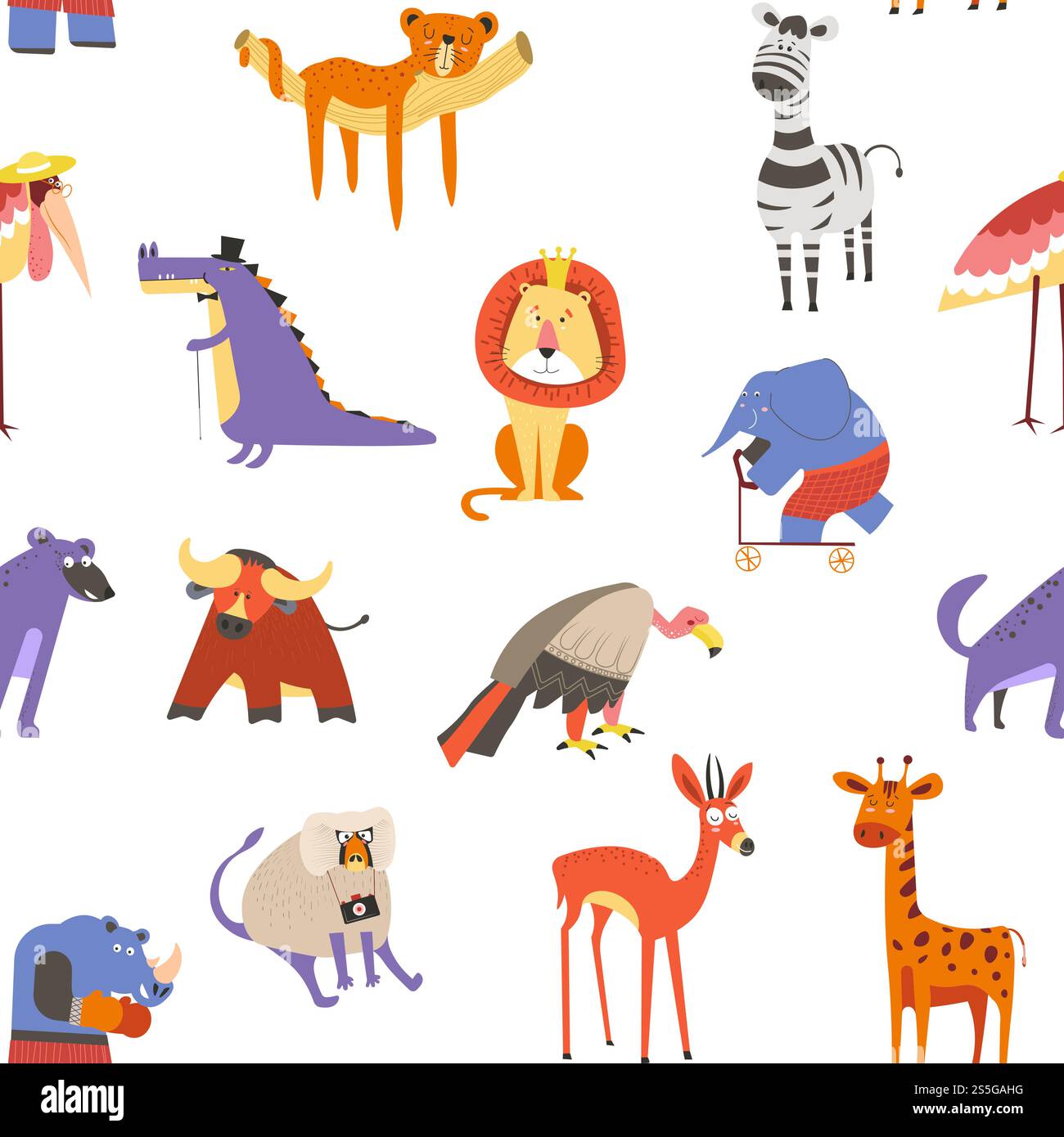 Animals seamless pattern, lion and zebra, macaque and elephant vector ...