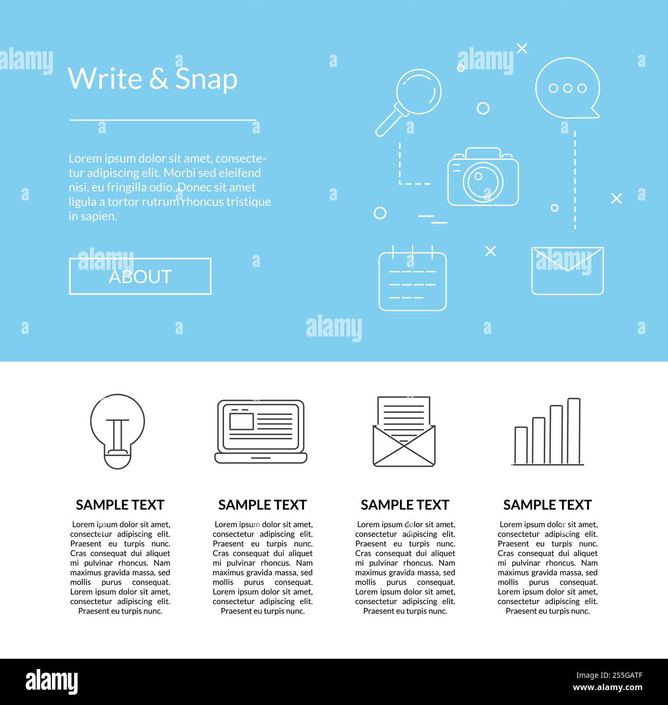 Vector line blog icons landing page in blue color style template ...