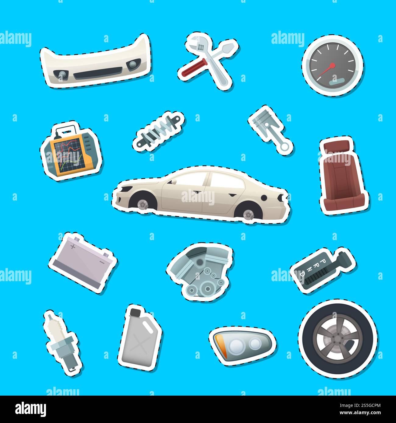 Vector car parts stickers of set illustration isolated on blue ...