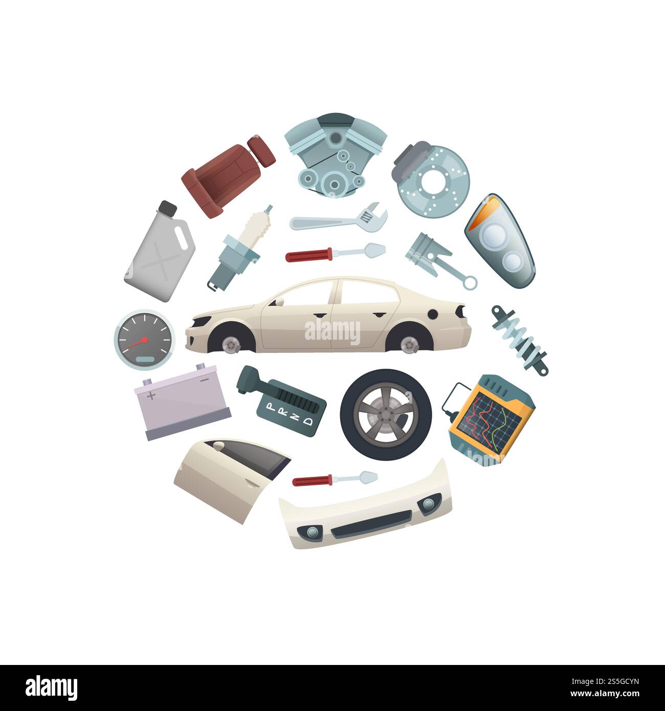 Vector car parts in circle shape illustration isolated on white ...