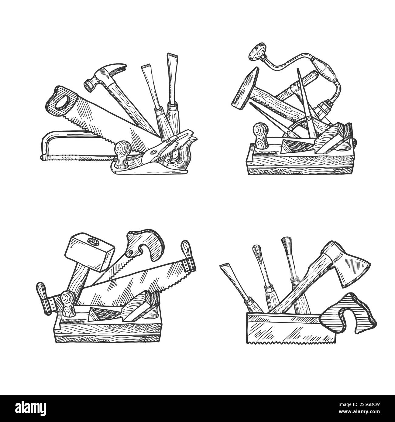 Vector hand drawn woodwork elements piles set isolated on white ...
