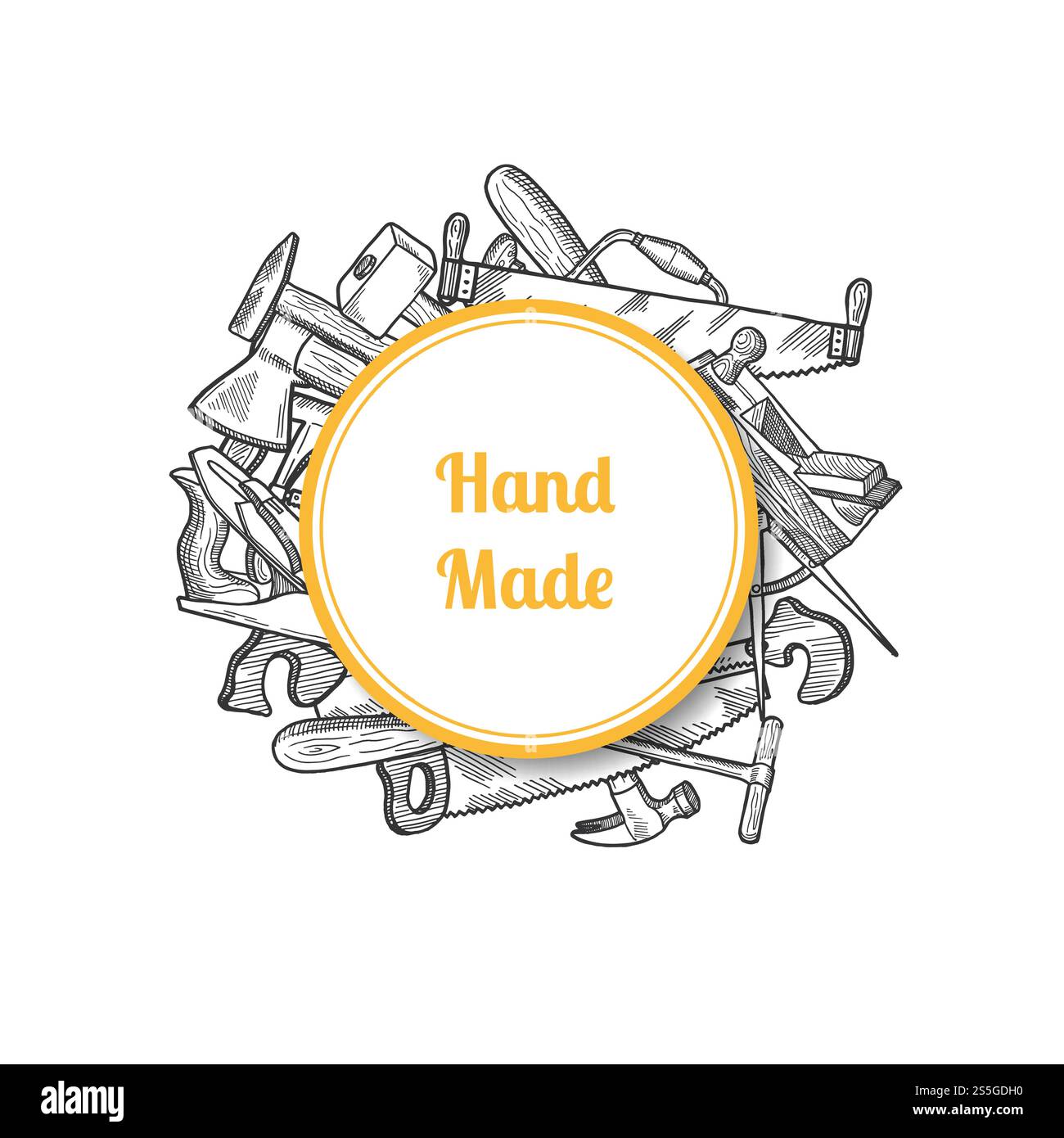 Vector hand drawn carpentry elements under circle with place for text ...