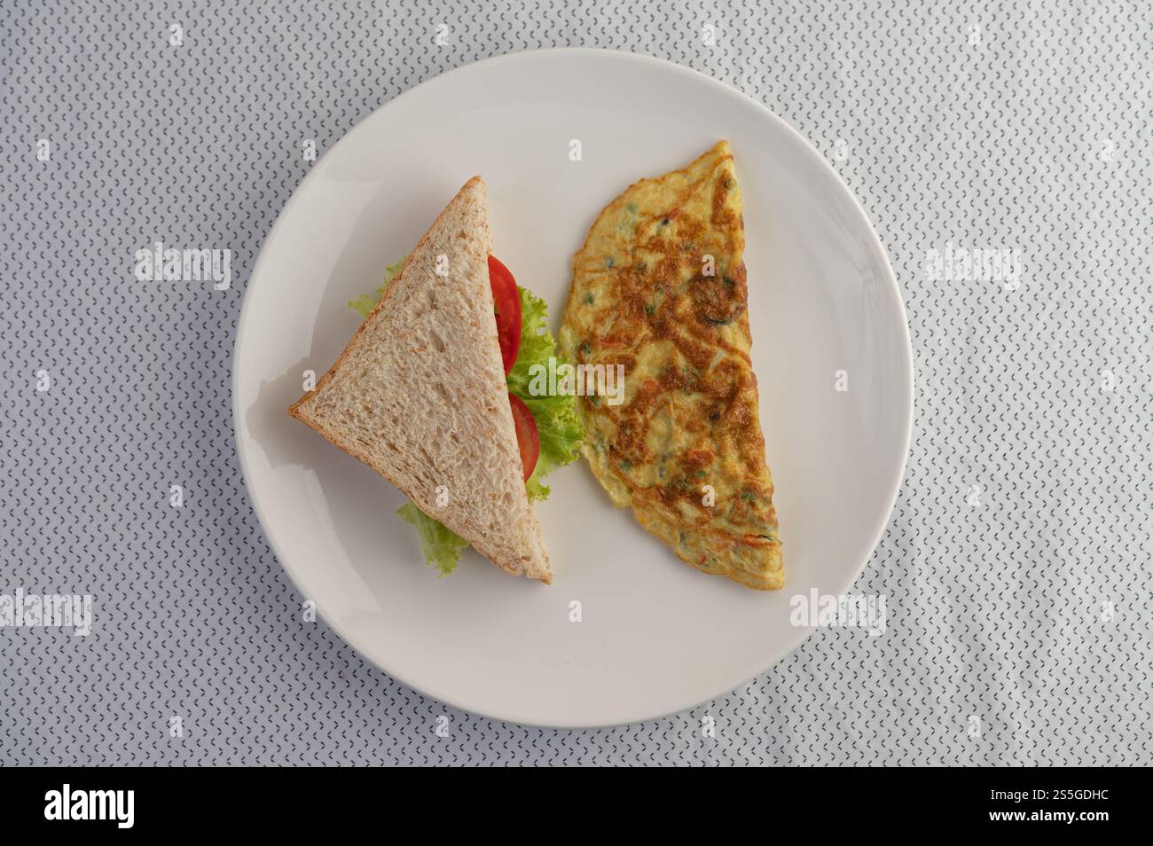 Omelette and sandwiches are in a color palette on a white background ...