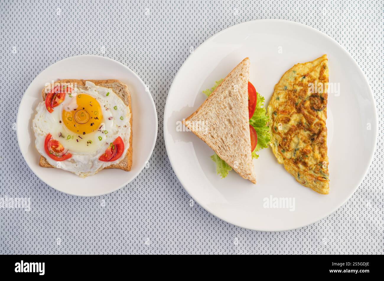 Omelette, fried egg and sandwiches are in a color palette on a white ...