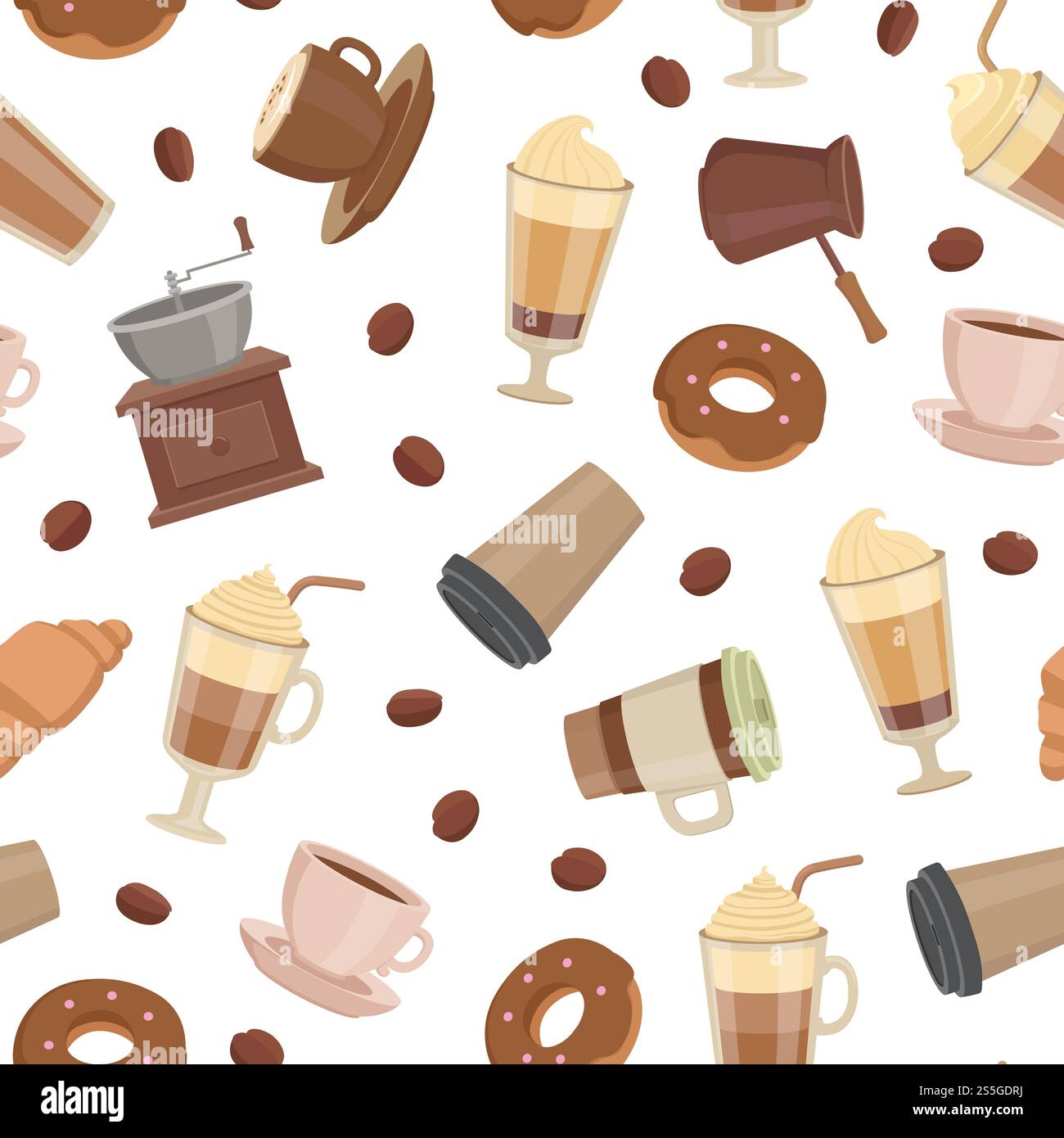 Vector cartoon coffee types pattern or background on white illustration ...