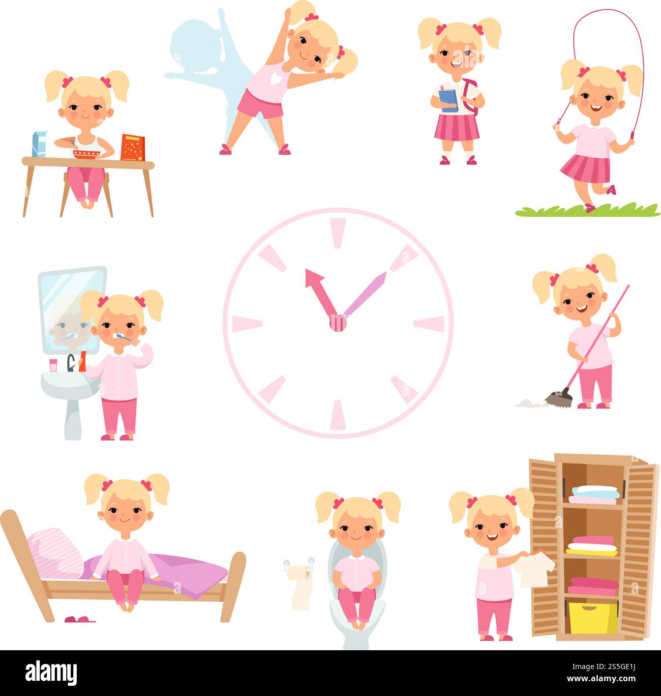 Childrens daily routine. Male and female kids in action poses. Vector ...