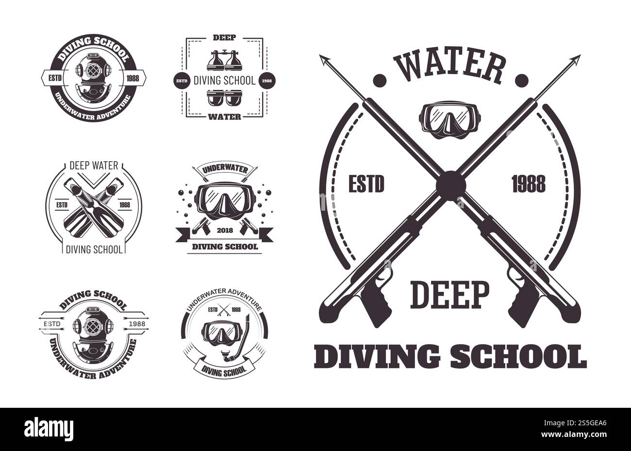 Diving school deep water promo monochrome emblems set. Club for sea ...