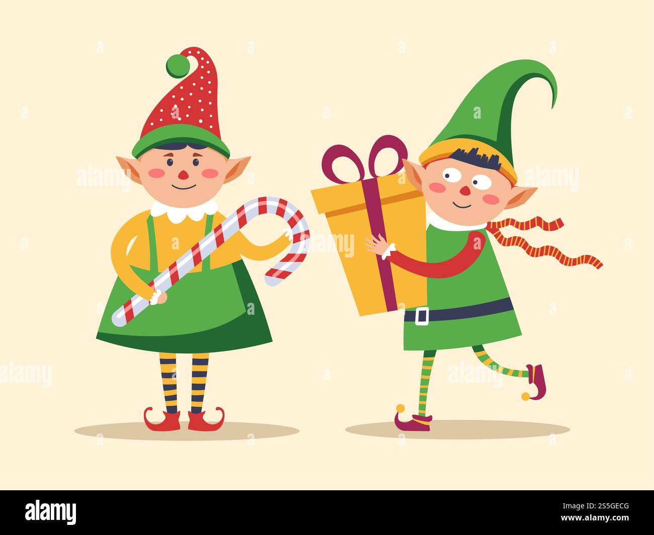 Elf children holding presents decorated with bow and candy vector ...