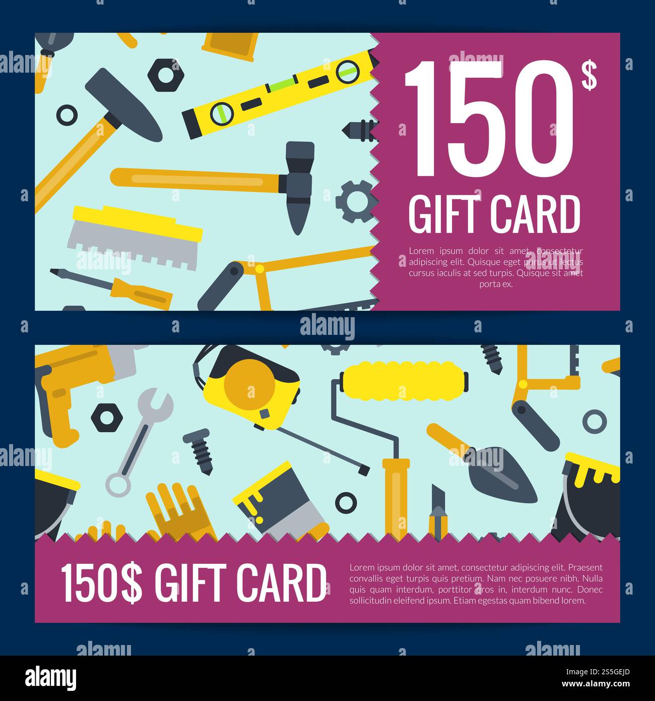 Vector flat construction tools discount or gift voucher card templates ...