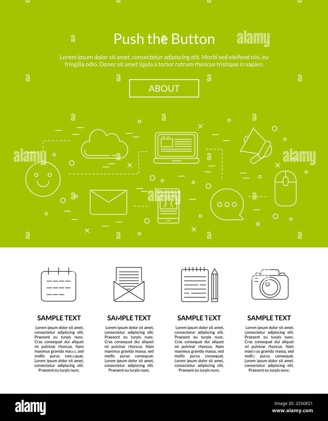 Vector line blog icons landing page template illustration with content ...