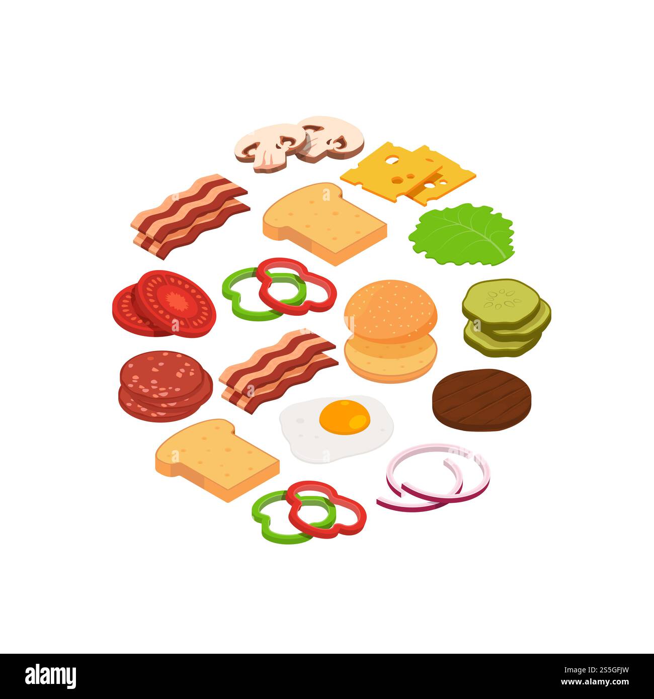 Vector isometric burger ingredients in circle shape illustration ...